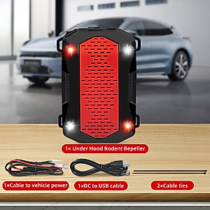 Jahy2Tech Under Hood Rodent Repeller with Red & White Strobe Light,3 Power Supply Methods,Professional Ultrasonic Mouse Repellent Squirrel Repellent Rat Deterrent for 12V Cars Trucks RV Engine