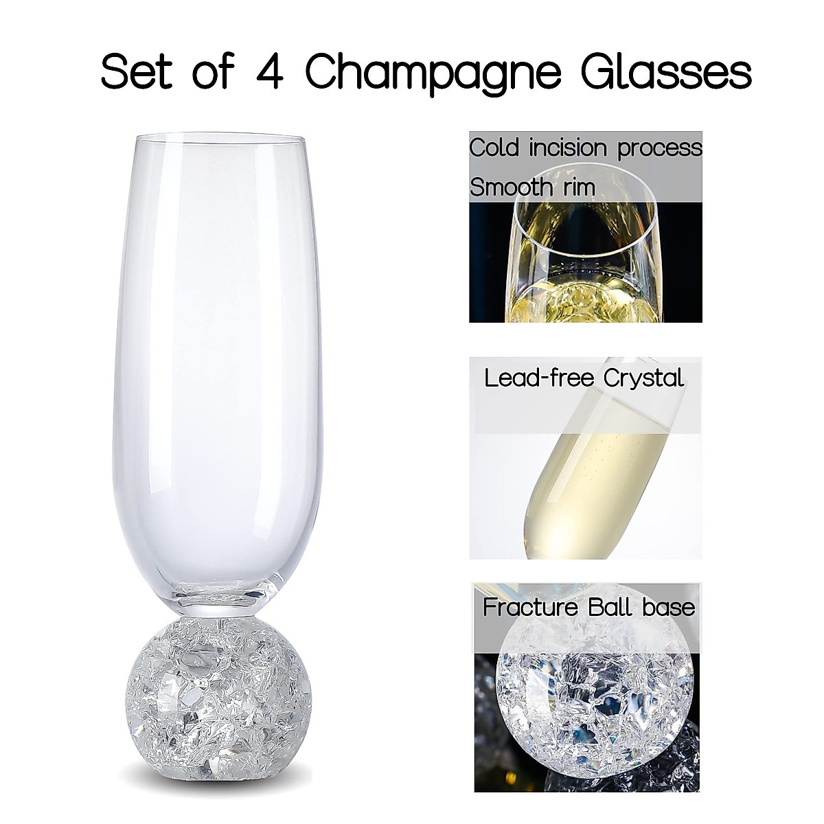 Hanjue Lead-free Crystal Champagne Glasses Set of 4, 7 Oz Clear Champagne Flutes - Ideal for Gifts,Parties, Wedding, Christmas - Long-sasting and Reusable Bar Glassware