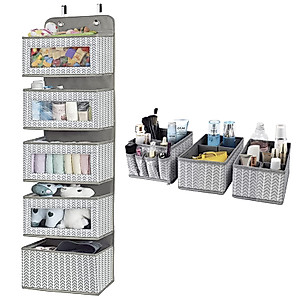 VERONLY Over the Door Hanging Organizer with 5 Large Pockets 1 Pack+ Adjustable Cosmetic Drawer Organizer for Bathroom Storage Set of 3