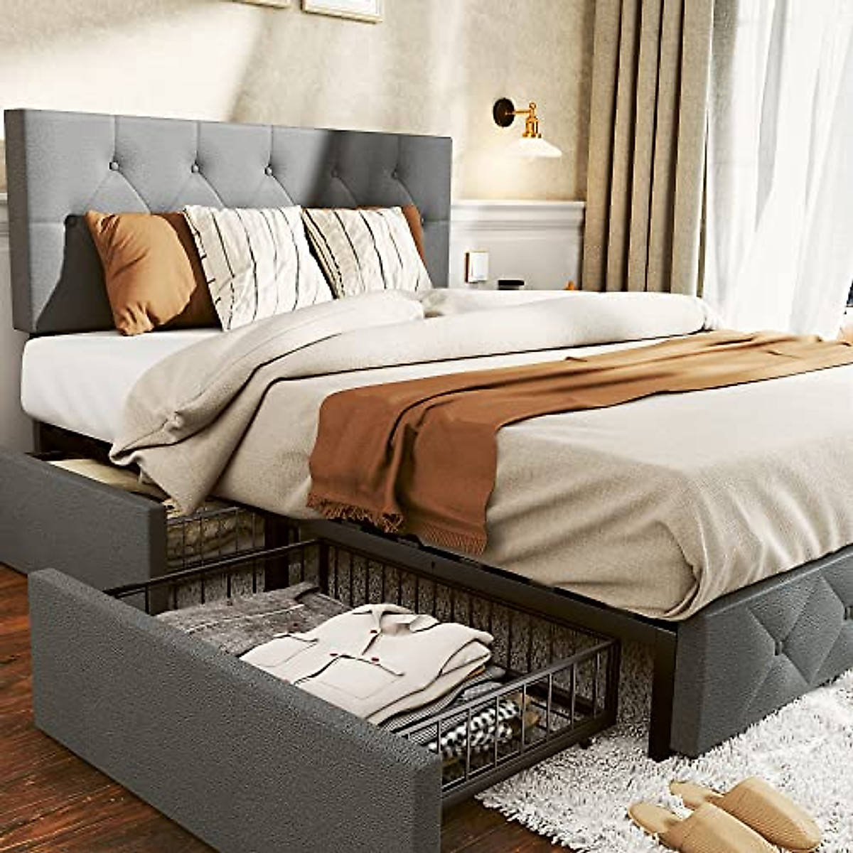 Fluest Queen Bed Frame with Headboard Storage Drawers of 4 Upholstered Bed Frame Platform Adjustable Headboard Wooden Slats Support/No Box Spring Needed/Easy Assembly/Mattress Foundation, Dark Grey