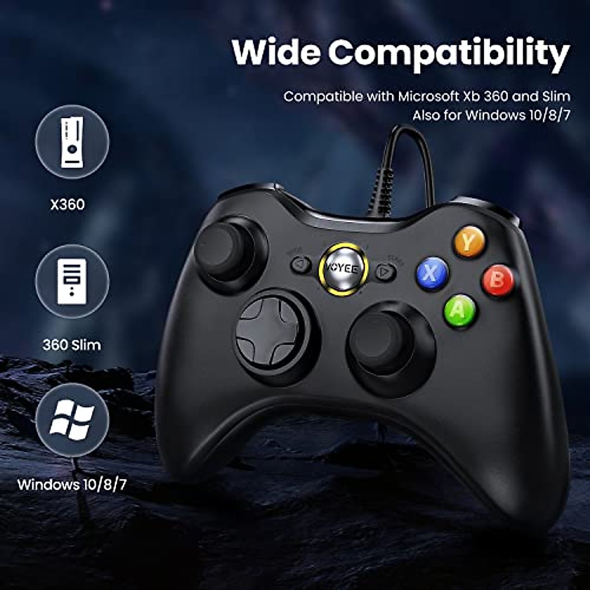 VOYEE PC Controller, Wired Controller Compatible with Microsoft Xbox 360 & Slim/PC Windows 10/8/7, with Upgraded Joystick, Double Shock | Enhanced (Black)