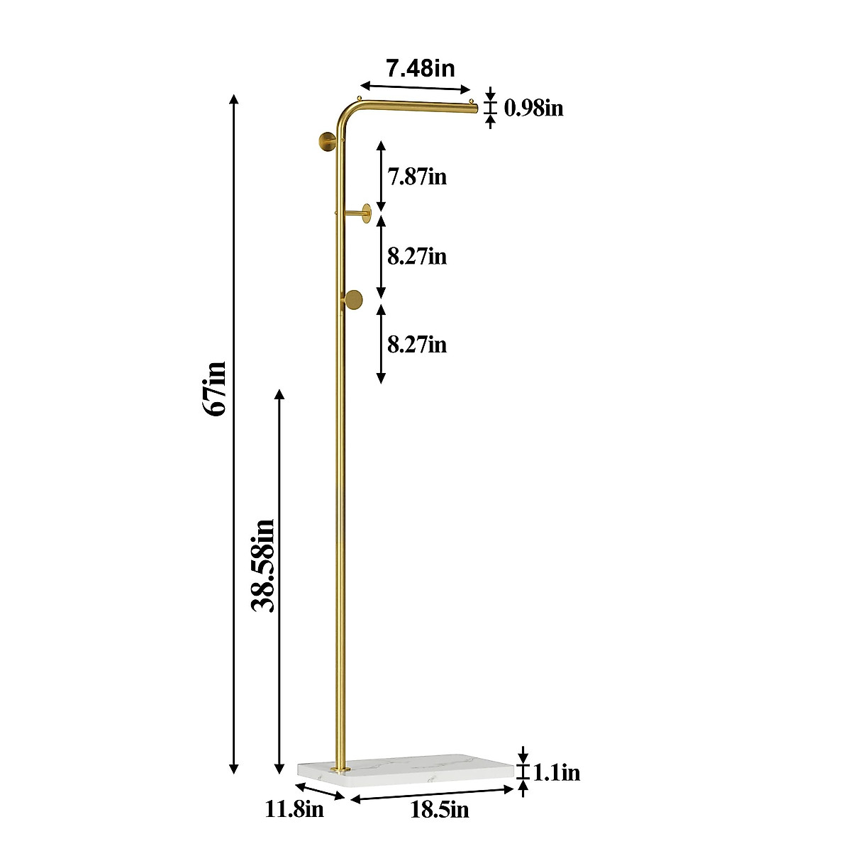 HOMEFORT Metal Coat Rack, Modern Coat Tree with 3 Hooks, L Shaped Coat Hanger Stand, Freestanding Coat Rack for Entryway and Corner, Gold