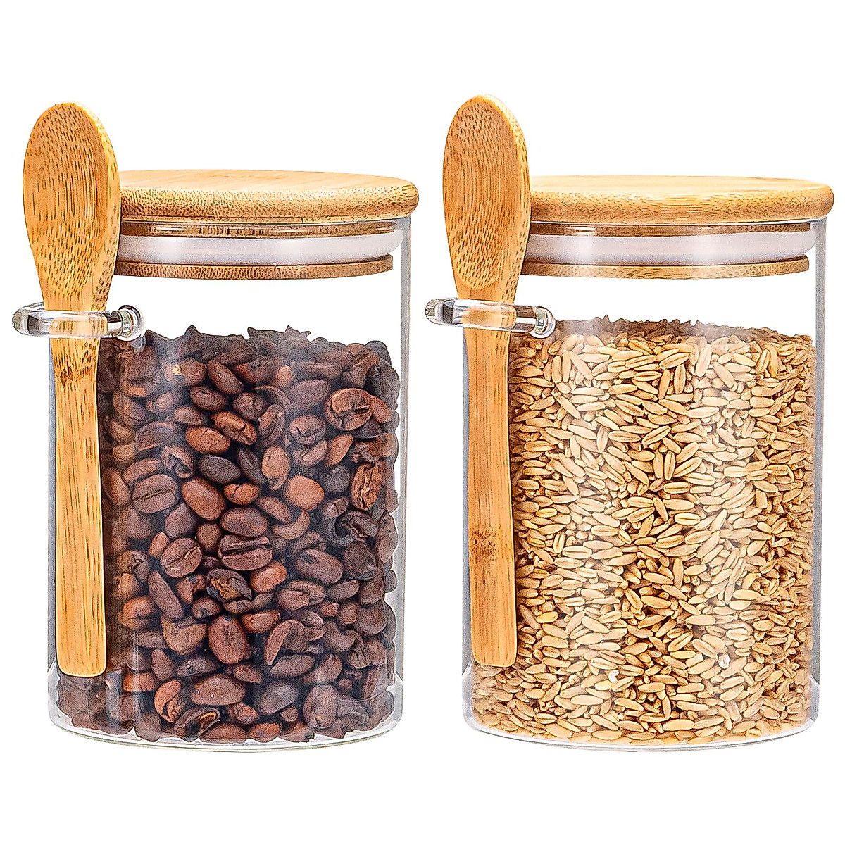 Airtight Food Storage Containers, Glass Storage Canister with Wooden Spoon and Lids ,15OZ Glass Jars with Lids,Glass Jar for Serving Bath Salt Sugar Spice Coffee Tea Cereals Condiment Food (1 set)
