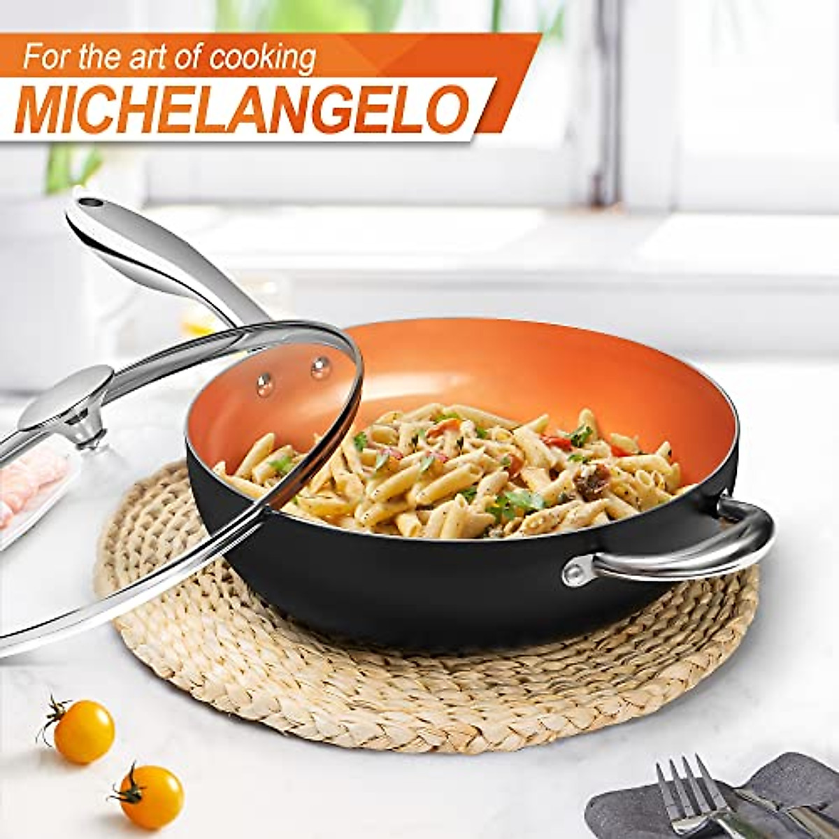 Michelangelo 5 Quart Nonstick Wok Set with Lid, Deep Frying Basket, and Roasting Steaming Rack, Aluminum, Includes All Stovetops Compatible, Non Stick