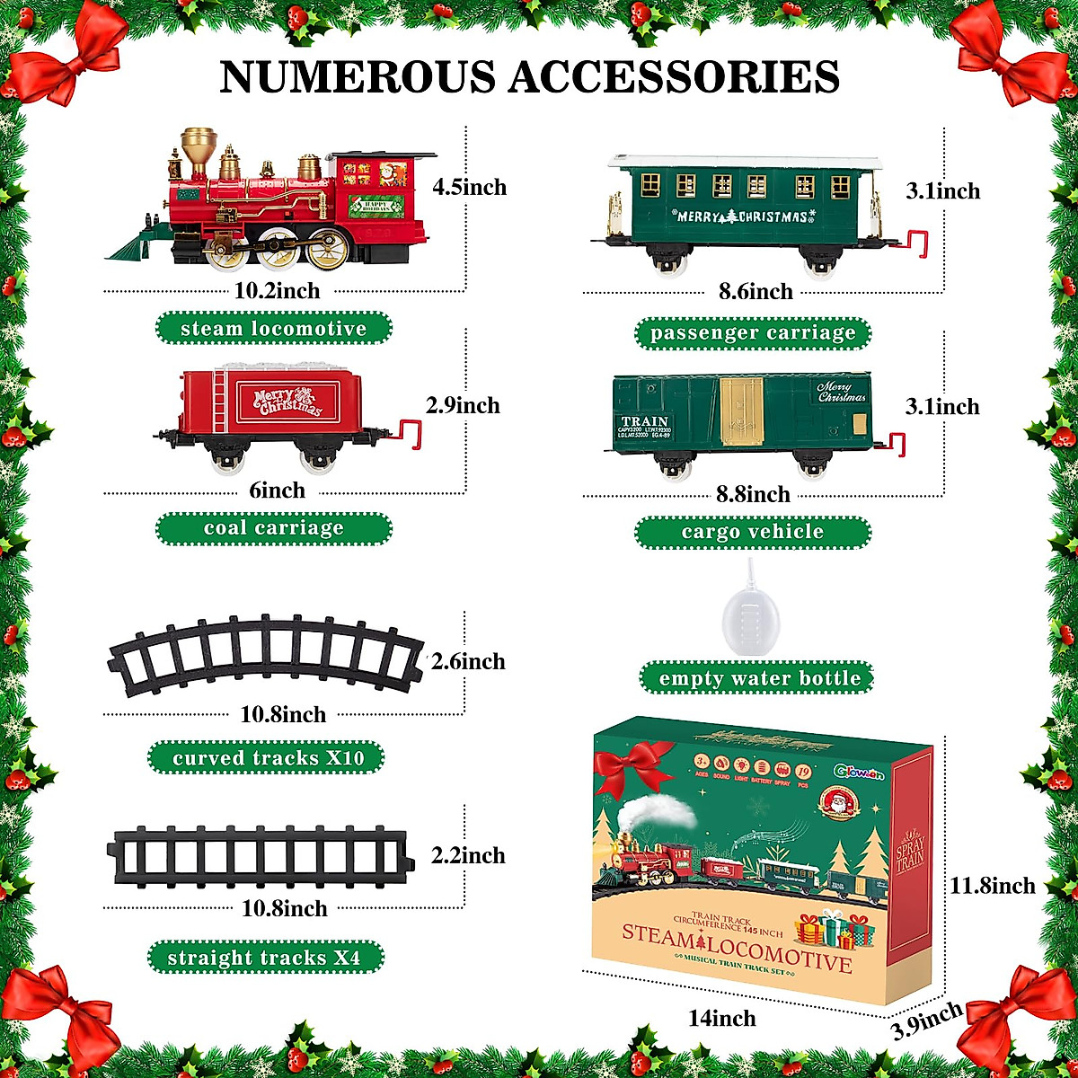 BainGesk Train Set with Steam Locomotive Engine, Christmas Train Set for Christmas Tree, Electric Train Toys with Smoke, Light & Sounds, for 3 4 5 6 7 8+ Year Old Boys Girls