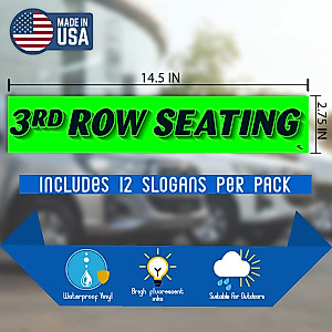 Versa Tags Windshield Slogan Stickers 12 Pack Each of Buy HERE Pay HERE, 3RD Row Seating, WE Finance, FINANCING Available, Warranty (60) Window Stickers Total Dealership Stickers Black On Green