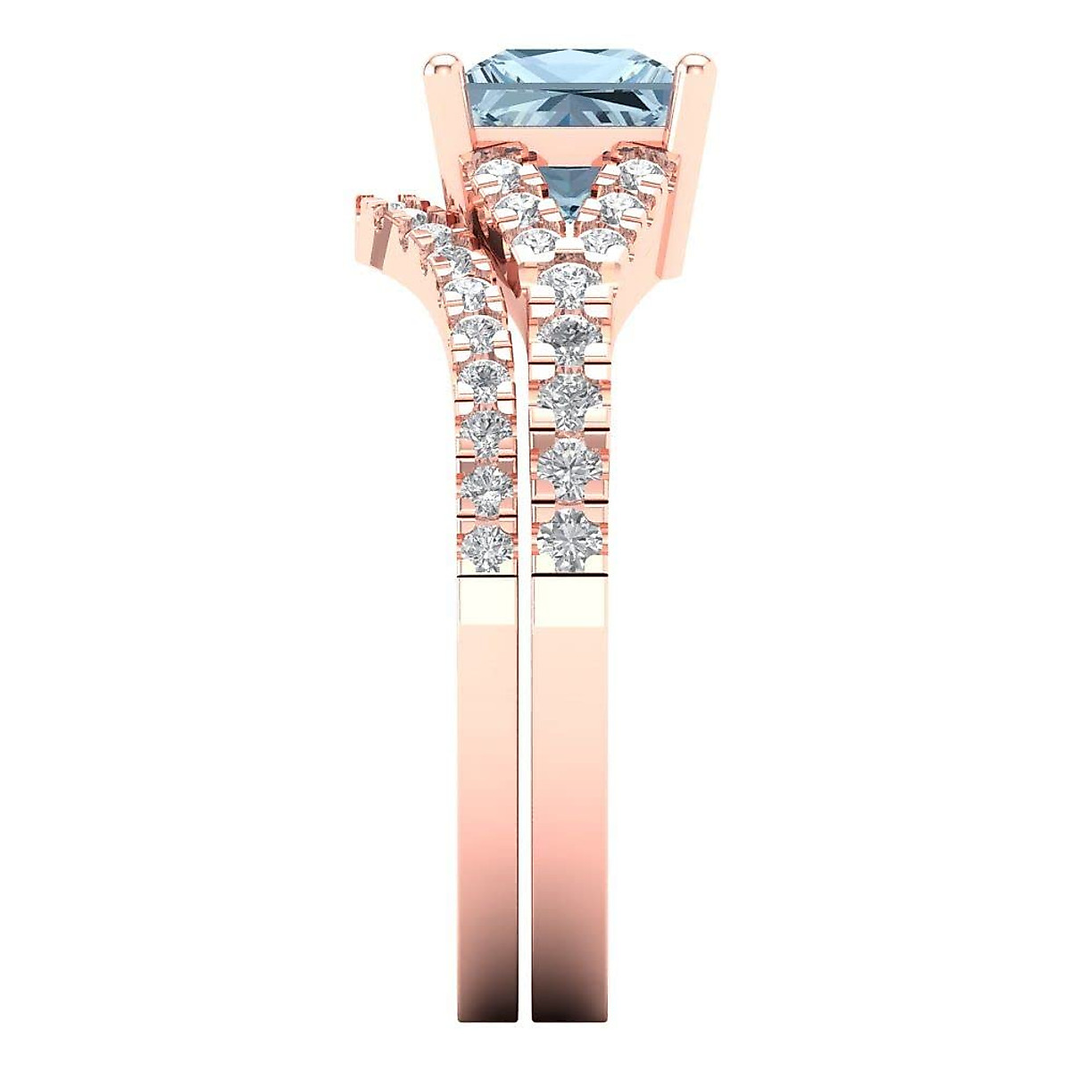 Clara Pucci 2.01ct Princess Cut Solitaire Real Aquamarine Engagement Promise Anniversary Bridal Ring Band set Curved 18K Rose Gold 9.25