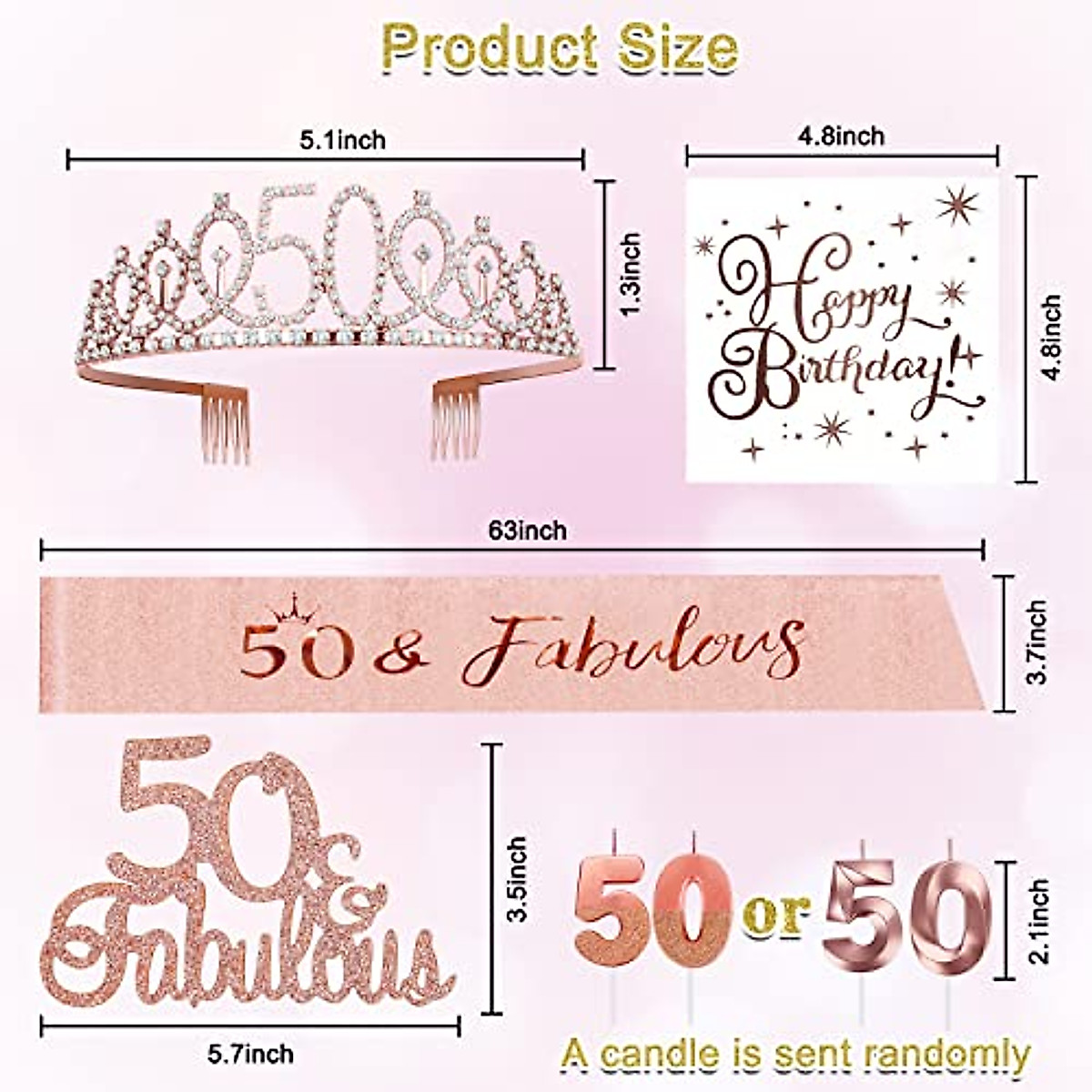 Gaciban 50th Birthday Decorations Women，50th Birthday Crown and Sash, Cake Topper, Birthday Candles, Napkins Sett, 50th Birthday Gifts for Women (Rose Gold)