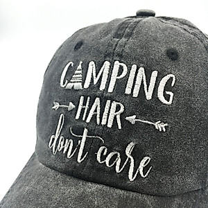 Waldeal Womens Embroidered Camping Hair Don't Care Ponytail Hat Adjustable Glamping Baseball Cap Black