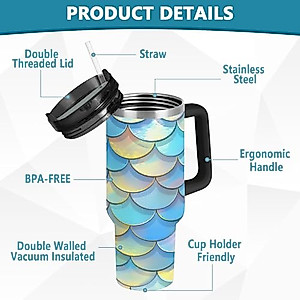 FRCSDIY Colored Fish Scales Insulated Tumbler with Handle and Straw Lid,30oz Leakproof Stainless Steel Cup BPA-Free Water Bottle
