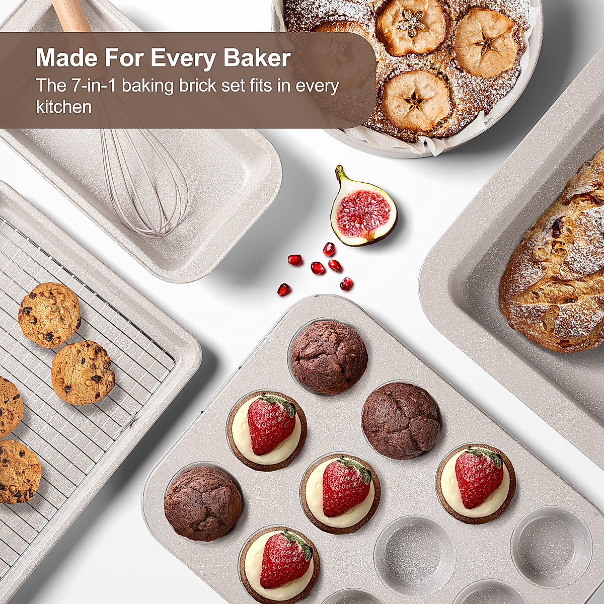 Nonstick Bakeware Set - 7 Piece Oven Bakeware With Cookie Sheet, Cake Pan, Loaf Pan, Muffin Pan, Roaster, Cooling Rack - PTFE & PFOA Free Baking Supplies