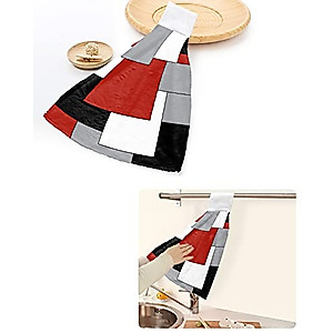 PIEPLE 2 PCS Kitchen Hand Towels, Irregular Geo Color Block Soft Plush Hanging Tie Towels with Loop for Kitchen Bathroom Dish Cloth Tea Bar Towel White Grey Black Red Abstract Geometric