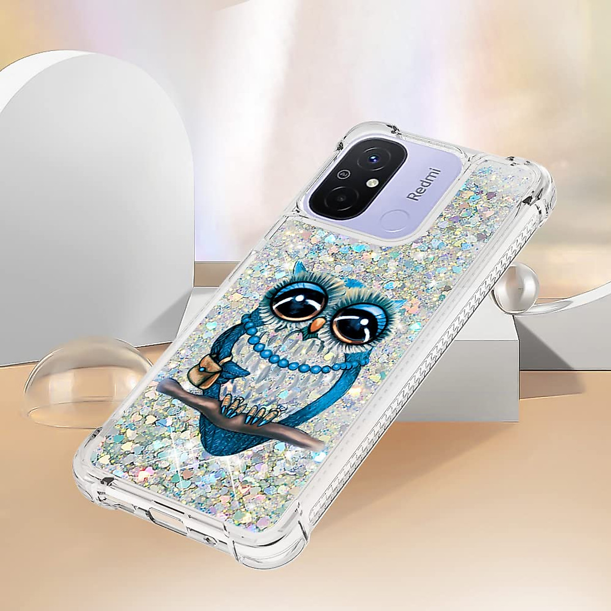 Monwutong Slim Fit Phone Case for Xiaomi Redmi 12C,Glitter Liquid Quicksand Effect Silicone Soft TPU Fashion Case with Four Corners Anti-Drop Protection for Redmi 12C,YBDT Owl