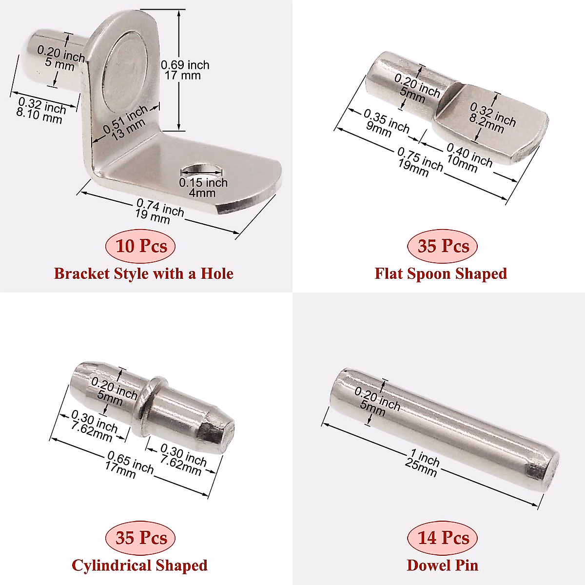 Shelf Support Pegs Kit, 94 Pcs 4 Styles Shelf Pegs, 5mm Nickel Plated Cabinet Shelf Bracket Pegs, Shelf Pins Holders for Bookcase Kitchen Closet Shelf Shelves Furniture Cabinet