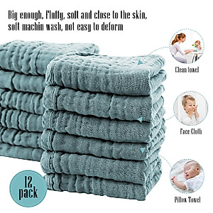 Cute Castle 12 Pack Muslin Burp Cloths for Baby - Ultra-Soft 100% Cotton Baby Washcloths - Large 20'' by 10'' Super Absorbent Milk Spit Up Rags - Burpy Cloths for Unisex, Boy, Girl - Dark Green