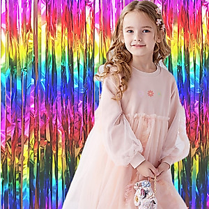2 Packs Rainbow Backdrop Neon Metallic Tinsel Foil Fringe Curtain Photo Booth Props for Birthday Gay Pride Day Bachelorette Wedding Engagement Bridal Shower Baby Shower Disco Party Decorations