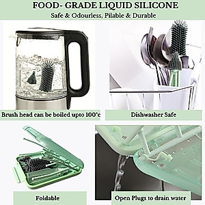 6 in 1 Baby Bottle Cleaning Brush Set : Silicone Bottle Brush, Nipple Brush, Straw Brush, Baby Bottle Drying Rack Space Saving, Soap Dispenser, & Storage Box. Newborn Essentials Must Haves. Green