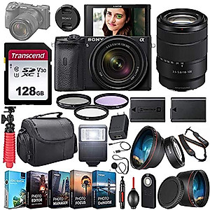 Sony Alpha a6600 Mirrorless Camera UHD 4K 1 Lens Kit (ILCE6600M/B) with 18-135mm Lens + Extra Battery + Flash + Wide Angle & Telephoto Lens + Filters + 128GB U3 V30 Memory Accessory Bundle
