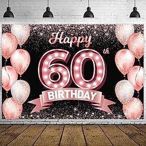 Happy 60th Birthday Rose Gold Banner Backdrop Cheers to 60 Years Old Confetti Balloons Theme Decor Decorations for Women 60 Years Old Pink Birthday Party Bday Supplies Background Favors Gift Glitter