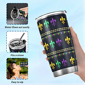 Yasala Mardi Gras Tumbler Party Bunting Beads Fleur De Lis Insulated Coffee Cup Fat Tuesday Beverage Container Office Travel Mug with Straw and Lid 20oz Holiday Back to School Gift