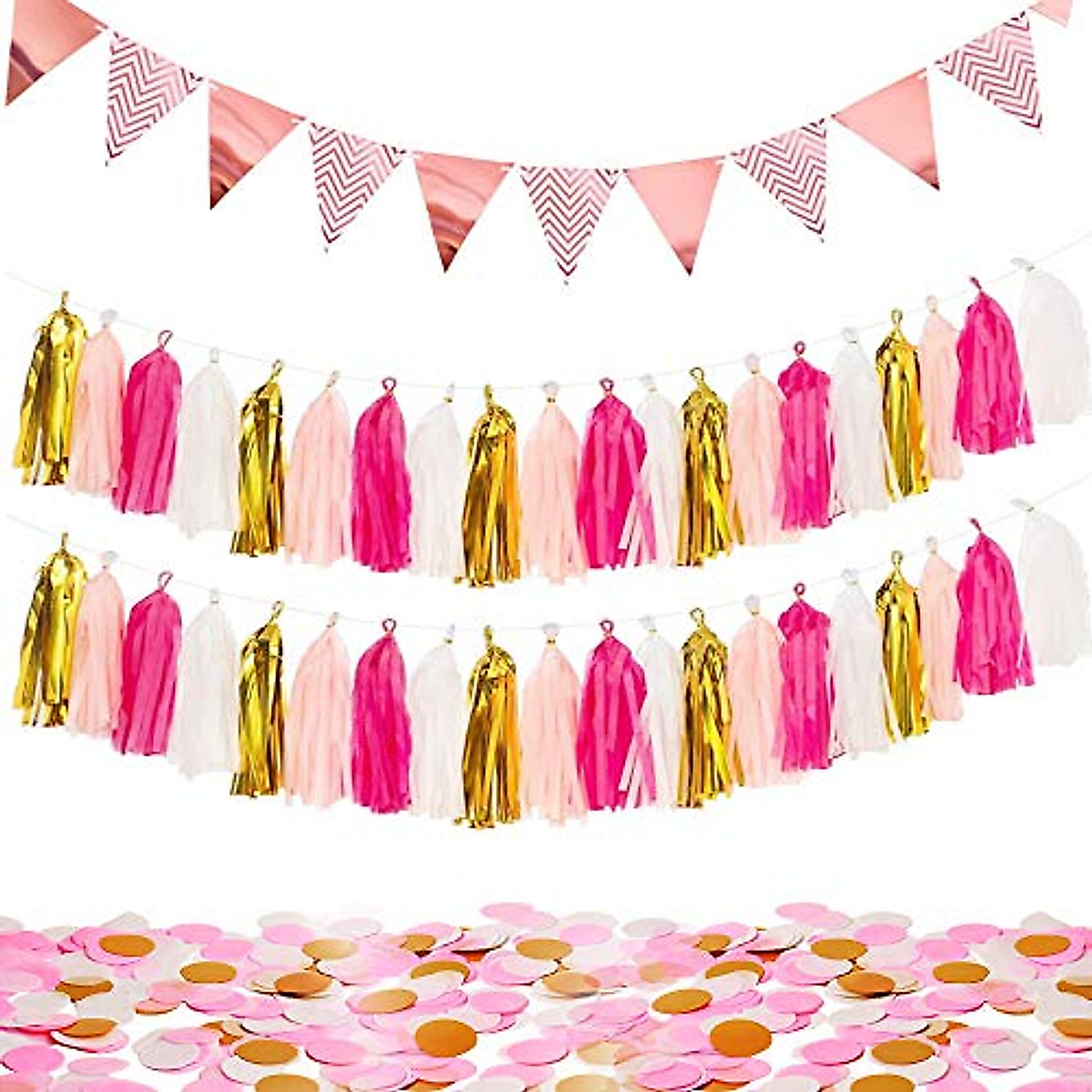 MerryNine Sparkly 40PCS Gold Pink Tassel Garland and 15PCS Paper Pennant Banner Triangle Flags Bunting and 10g Gold Paper Confetti