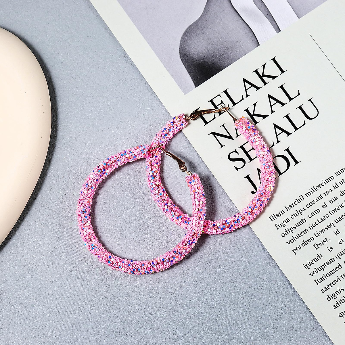 Bohemian Shiny Glitter Sequins Hoop Earrings Wrapped Gold Plated Circle Statement Rhinestone Dangle Drop Earrings for Women Boho Jewelry-pink