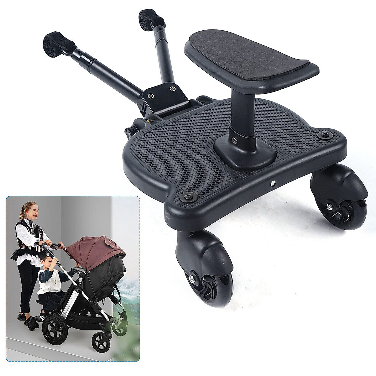 DENESTUS Baby Stroller Glider Board,Universal Stroller Ride Board with Detachable Seat and Auxiliary Pedal Holds Kids Up to 55 LBS,All Wheels Suspension