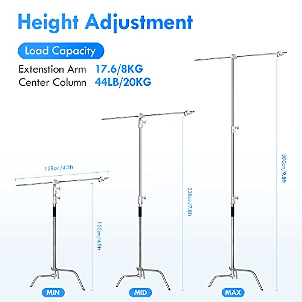 EMART Photography C Stand with Boom Arm, 10ft/300cm Adjustable Heavy Duty Light Cstand with 4.2ft/128cm Holding Arm, 2 Pieces Grip Head for Video Reflector, Moonlight, Softbox