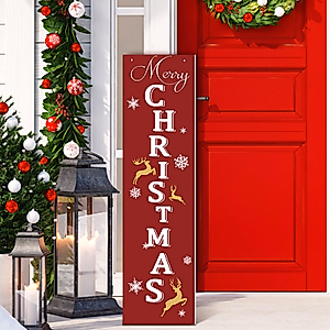 Soaoo Christmas Porch Sign Merry Christmas Vertical Porch Sign Red Christmas Wooden Welcome Sign for Front Door Porch Standing Farmhouse Rustic Door Porch for Xmas Porch Yard Outdoor Indoor, 35.43" H