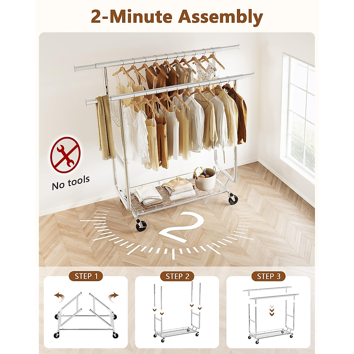 Hoctieon 2-Minute Assembly Double Rod Clothes Rack, Heavy Duty Rolling Clothing Racks with Wheels, Foldable Commercial Garment Rack, Extendable Hanging Bar, Adjustable Metal Pole with Hooks, Chrome