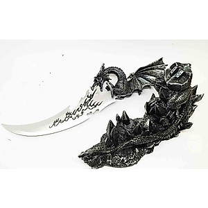 Ebros Medieval Dreamwork Fantasy Dragon Fire Breath Dagger Letter Opener Knife With Base Holder Statue Home Office Decor Figurine Dungeons And Dragons GOT Obsidian Blade
