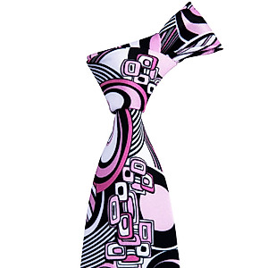 Barry.Wang Men Tie Set Print Pink Black White Silk Necktie Pocket Square Cufflinks Formal Wedding Party Business Festival