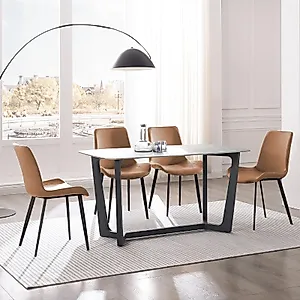 AmoUnico Dining Chairs, Modern PU Leather Dining Room Chair with Sturdy Metal Legs, Upholstered Seat Dinner Chairs Accent Side Chairs for Indoor Kitchen Living Room (Brown, Set of 4)