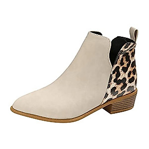 Cowgirl Boot Vintage Leopard Print Patchwork Leather Pointed Side Zipper Chunky Heel Ankle Womens Leather Cowboy Boots Platform Heel Pointed Toe Outdoor