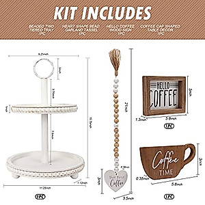 GenMous Farmhouse Coffee Bar Decor, Beaded 2 Tiered Tray with 4pcs Tiered Tray Decor for Farmhouse Home Decor, Two Tiered Decorative Trays for Coffee Counter, Party Decorations, Kitchen Table Décor