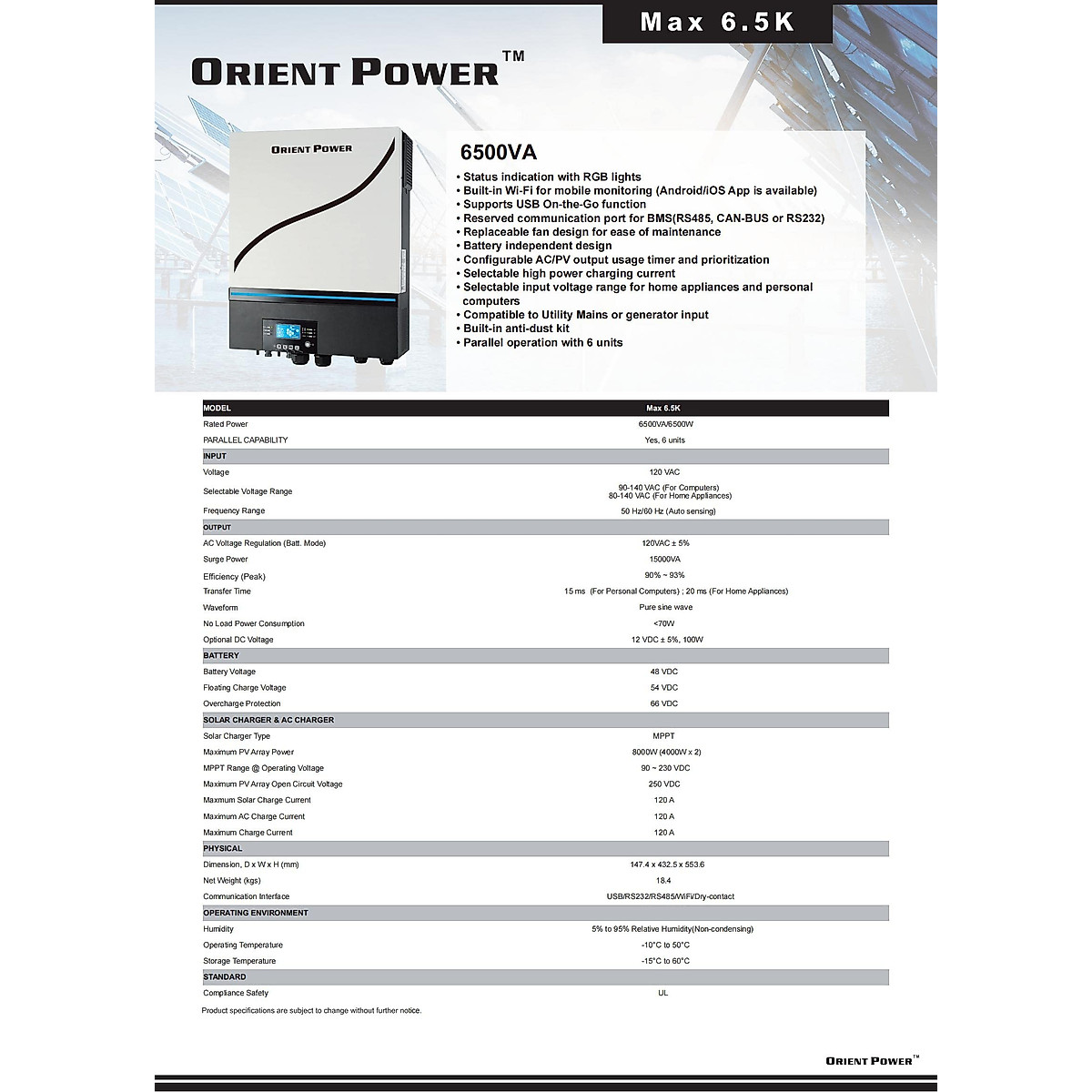 Split Phase Inverter 120VAC 60Hz 48V 6500W LV6548 Off Grid Solar Inverter Charger