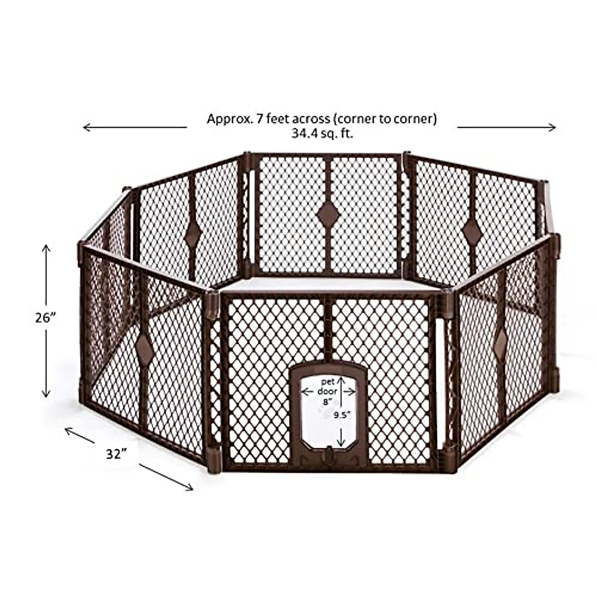 North States MyPet 34.4 Sq. Ft. Petyard Passage: Made in USA, 8-panel pet enclosure with lockable pet door. Freestanding. (26" Tall, Brown)
