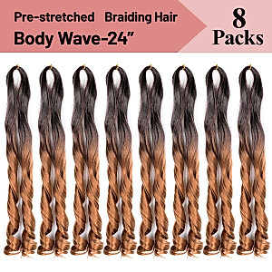 Luoyudu French Curly Braiding Hair,24 Inch #T4/30 Loose Wavy 8 Pack Bouncy French Curl Braiding Hair Extensions 75g/Pack Synthetic Crochet Hair Extensions (T4/30,8Pack)