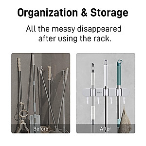 Bntyok Broom Holder with 3 Slots & 4 Hooks Heavy Duty Garden Tool Organizer Broom Hanger Wall Mount for Home Laundry Room Kitchen Closet Shed Garage Organization and Storage - Grey