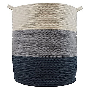 Cotton Rope Basket for Storage and Organization in Baby Nursery or Kids Room | Extra Large 18” x 16” Decorative Laundry Hamper, Organizer for Blankets, Towels, Toys, Books | Blue/Grey/Off-White