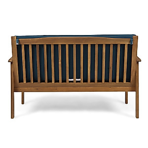 Merax Outdoor Acacia Wood Loveseat, Modern 2 seat Sofa for Backyard & Patio, Brown & Teal