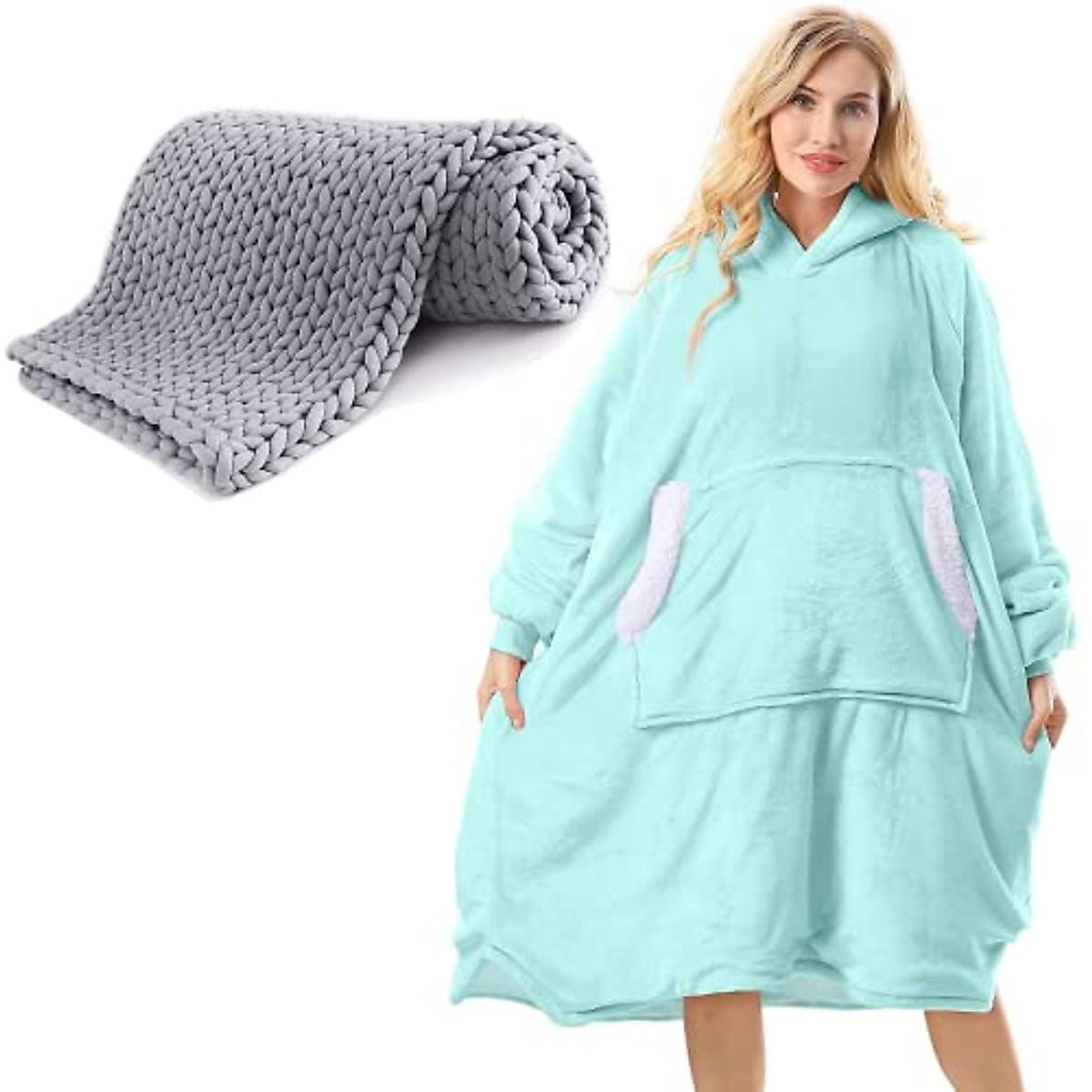 Uttermara Knit Weighted Blanket 15 Pounds 48x72 Inches, Weighted Blankets Knitted, Grey + Blanket Hoodie Women and Men with Giant Front Pocket Elastic Sleeve, Teal