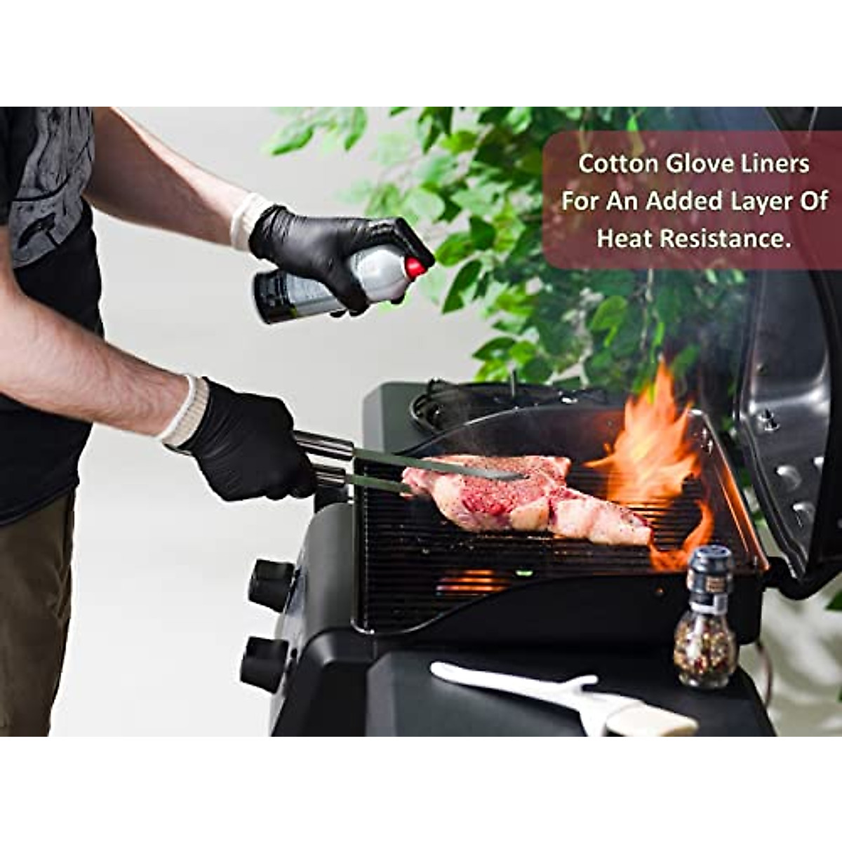Nechtik BBQ Gloves disposable - 4 Cotton Glove Liners and 100 Disposable Gloves - Meat Gloves - Machine Washable - Powder Free Latex Free, Black Nitrile Gloves