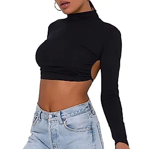 Remidoo Women's Sexy Backless Mock Neck Long Sleeve Crop Top T-Shirt Solid Black Large