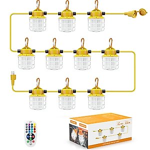 RIUVAO 100ft LED Color Changing RGBW Construction String Lights, 150W 15000LM Super Bright LED String Work Lights, Dimmable Construction Temporary Lights (100ft-RGB)
