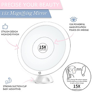 15x Magnifying Mirror with Light & Tweezers - Lighted Makeup Mirror with Strong Magnification for Precise Makeup, Plucking, Lighted Magnified Mirror w/Suction Cup for Bathroom, Dual Power , 8"