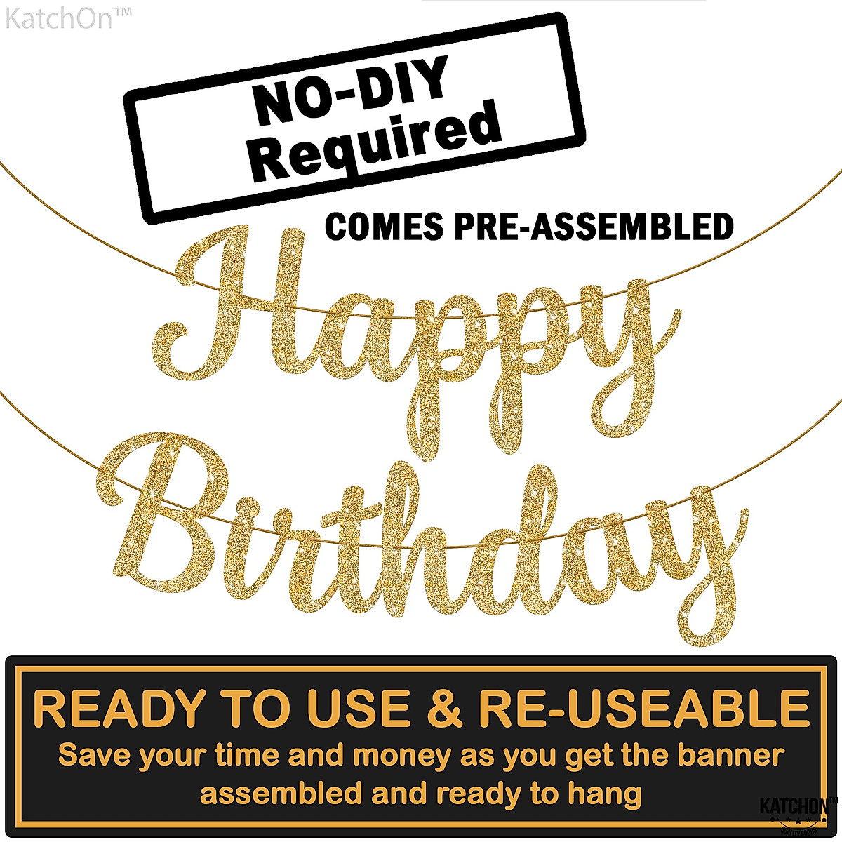 KatchOn, Cursive Glitter Gold Happy Birthday Banner - Pre-Strung, 10 Feet, No DIY | Real Gold Birthday Party Decorations | Gold Happy Birthday Sign for Girls, Gold Happy Birthday Decorations for Women