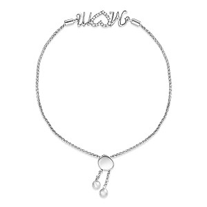ARAIYA FINE JEWELRY 925 Sterling Silver Round-shape Diamond Mom Heart Bolo Bracelet (1/10 cttw, I-J Color, I2-I3 Clarity), 7''