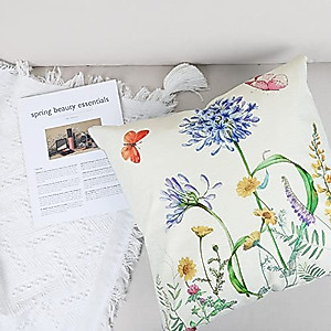 Bonhause Spring Floral Throw Pillow Covers 18x18 Set of 4 Garden Flower Butterfly Decorative Pillows Case Polyester Linen Cushion Covers for Couch Sofa Garden Patio Decor