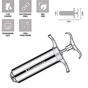 JY COOKMENT Meat Injector Syringe 2-oz Marinade Flavor Barrel 304 Stainless Steel with 3 Professional Needles 2 Cleaning Brushes and 4 Silicone O-Rings